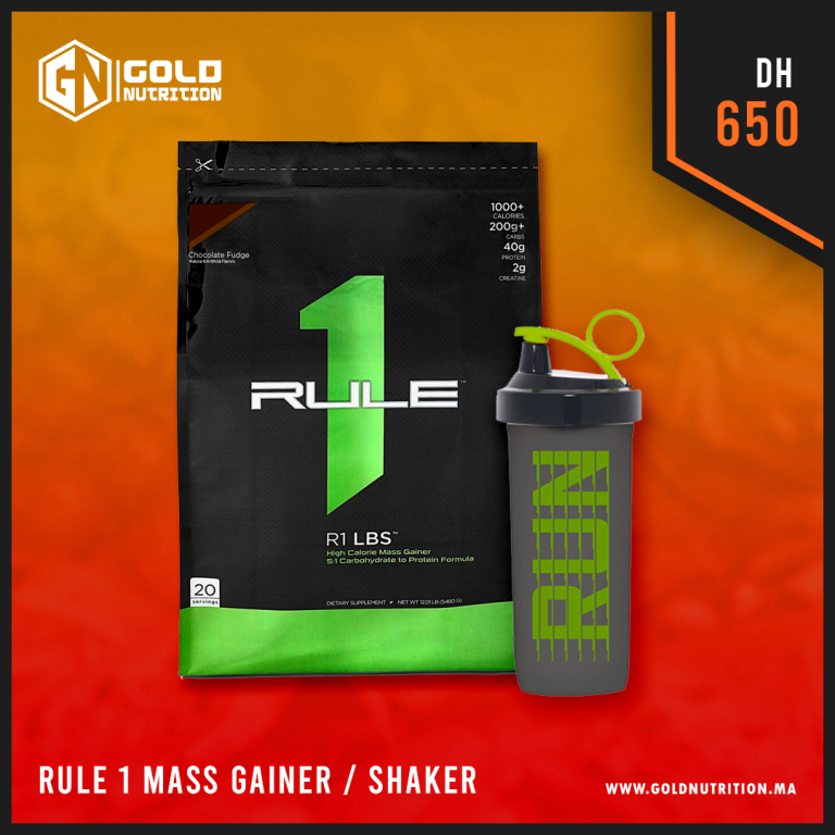 RULE 1 MASS GAINER + Shaker Run Gold Nutrition - Proteine Maroc